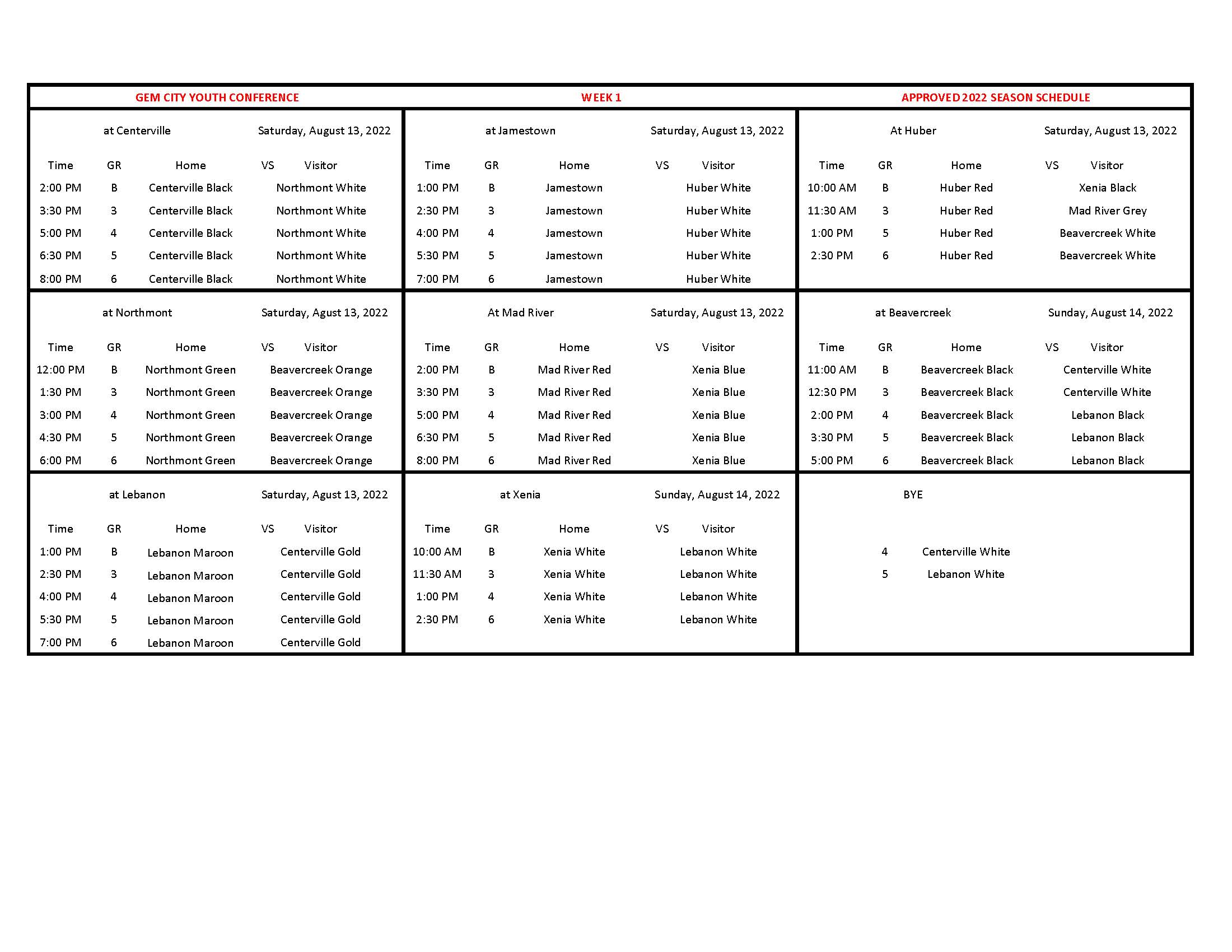 2022 GCYC Schedule 2022 GCYC Schedule